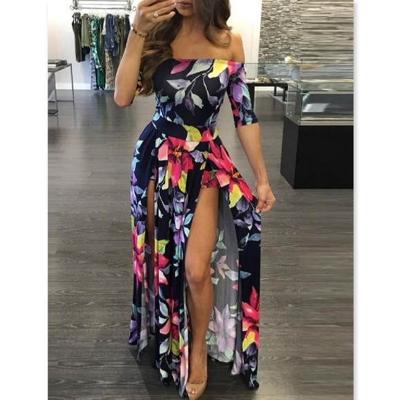 Pants & Jumpsuits | Off The Shoulder Floral Maxi Split Dress Romper ...